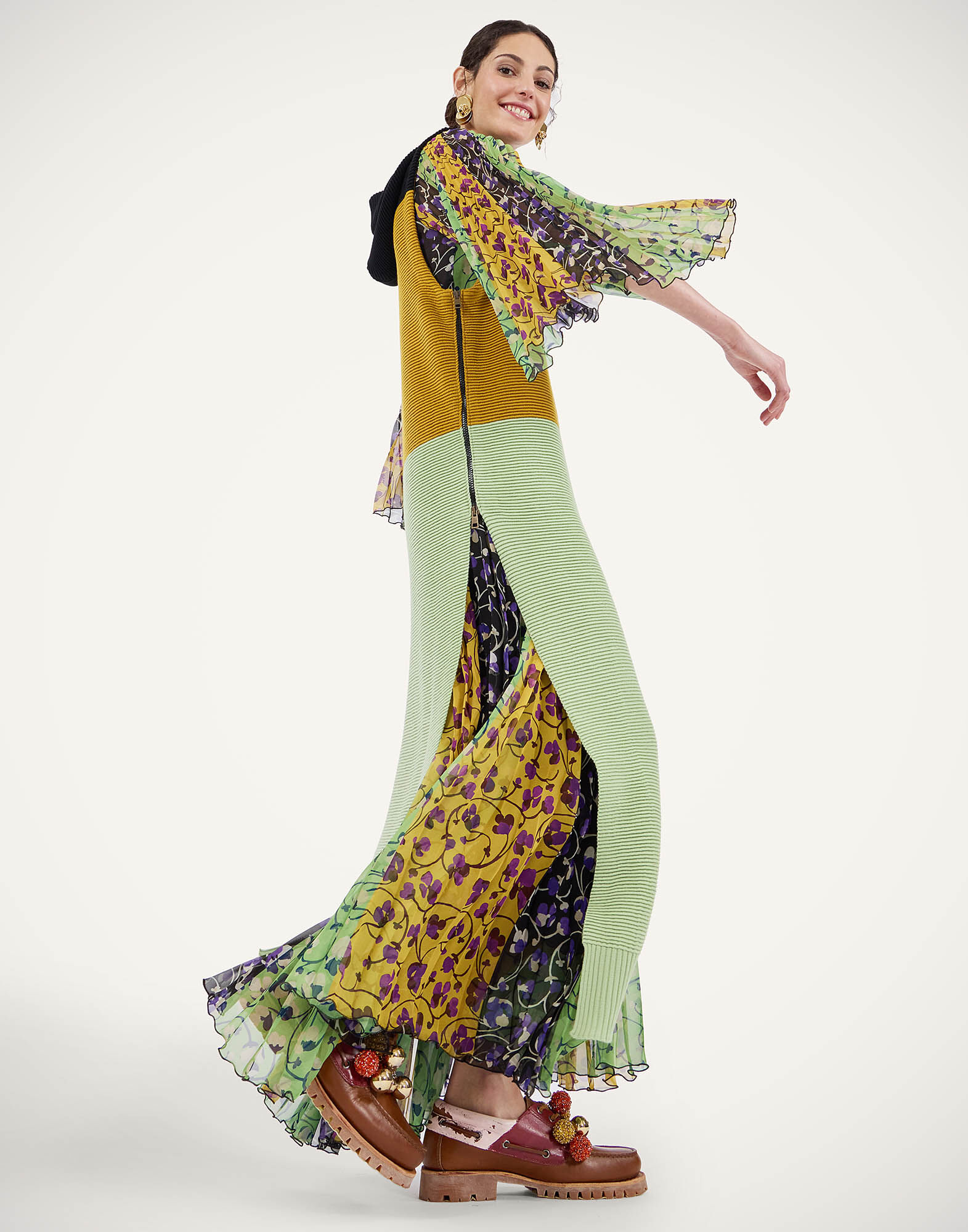 Hoody Dress in Color Block Black, Yellow & Green for Women | La DoubleJ